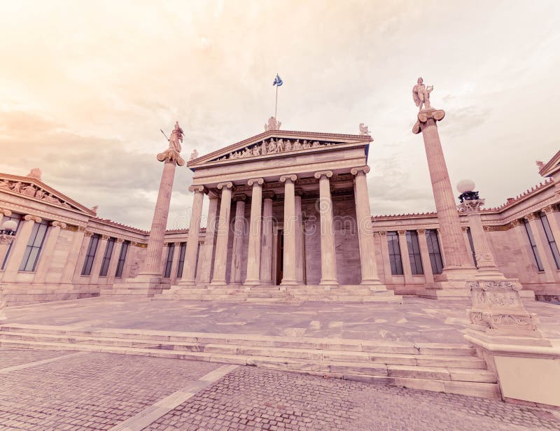 Athena and Apollo Marble Statues on Ionic Style Columns and Athens ...
