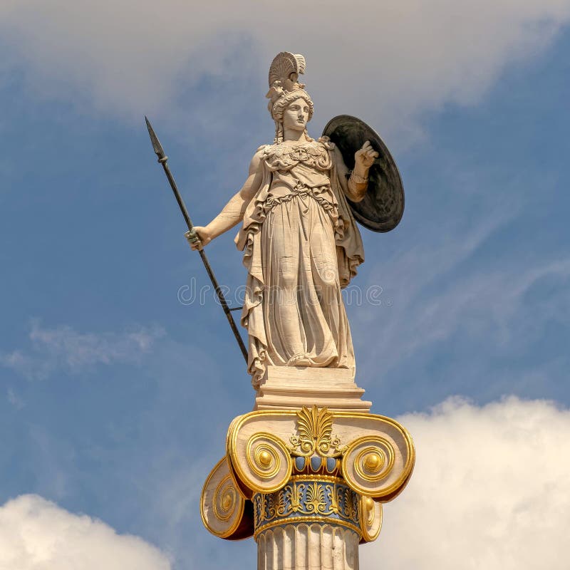 Athena Marble Statue on Ionic Column and Partly Cloudy Sky, Space for ...