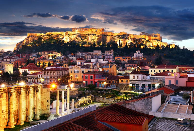 Athener Skyline Mit Akropolis Nachts Griechenland Stockfoto - Bild von ...