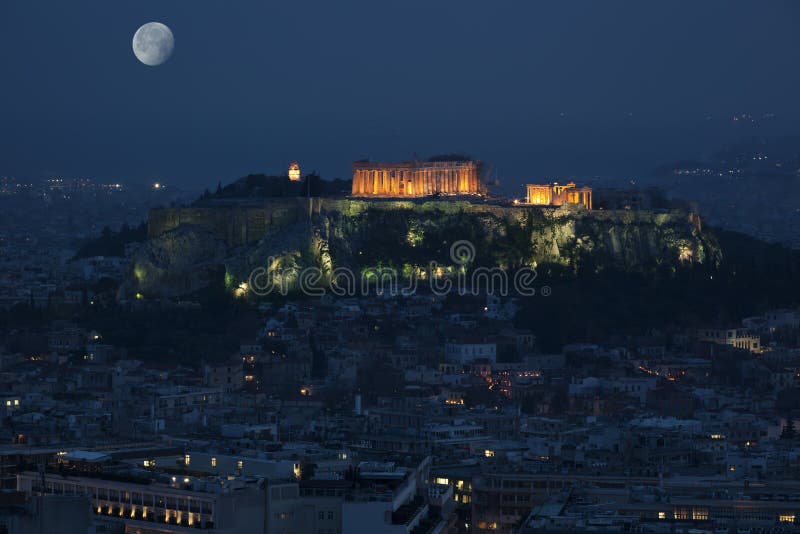 Athens Acropolis at Full Moon Stock Photo - Image of column, greek ...