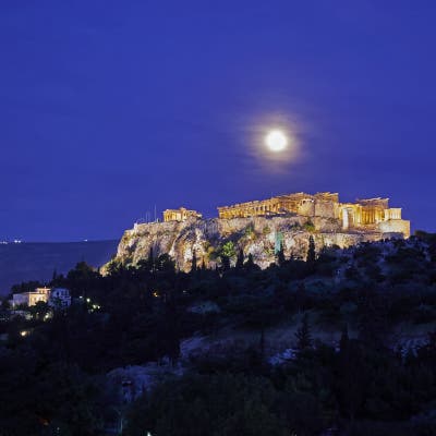 Athens, Acropolis Illuminated Under Full Moon Stock Photo - Image of ...