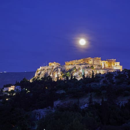 Athens, Acropolis Illuminated Under Full Moon Stock Photo - Image of ...