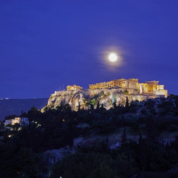 Athens, Acropolis Illuminated Under Full Moon Stock Photo - Image of ...