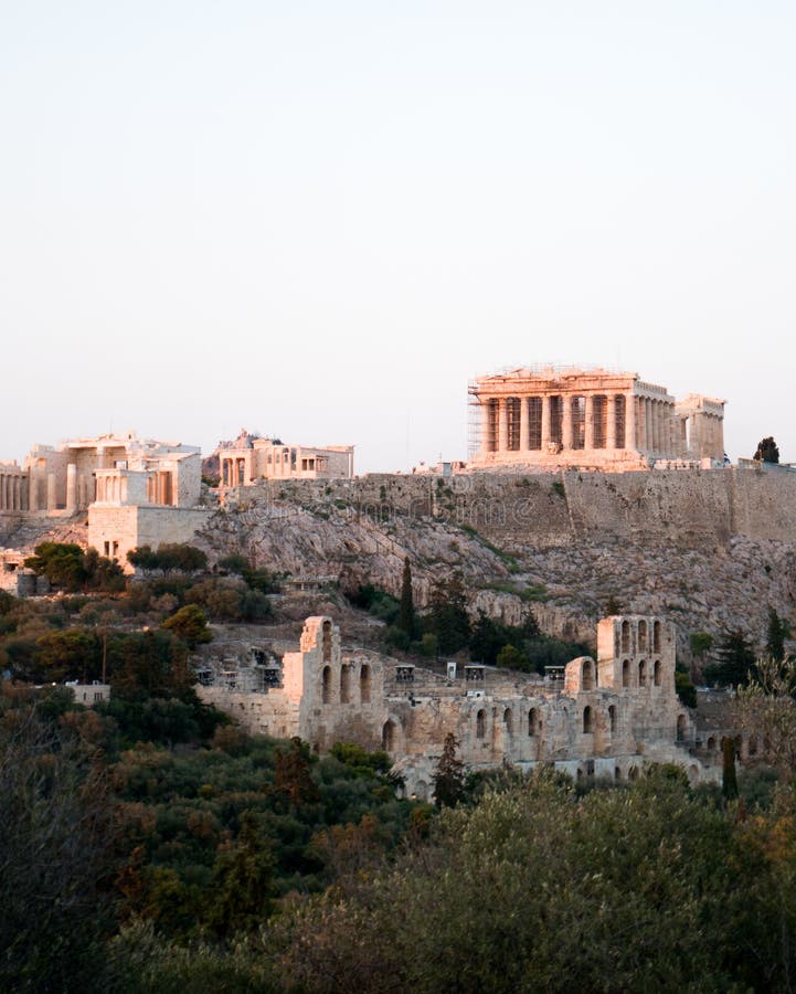 Athens Acropolis at sunset stock photo. Image of tower - 229436090