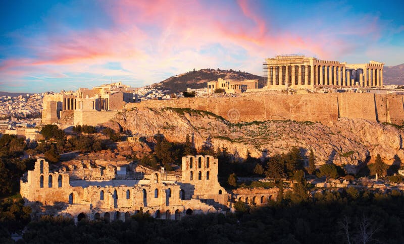 Athens, Acropolis Illuminated Under Full Moon Stock Photo - Image of ...