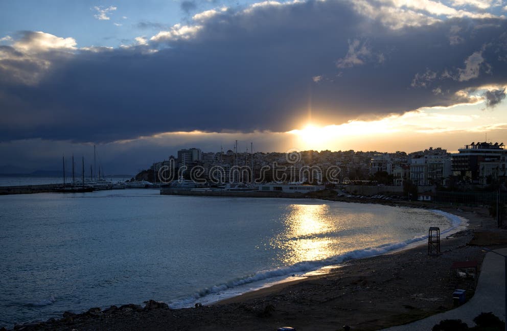 Athens Bay at Sunset, Panoramic View from Above Stock Image - Image of ...