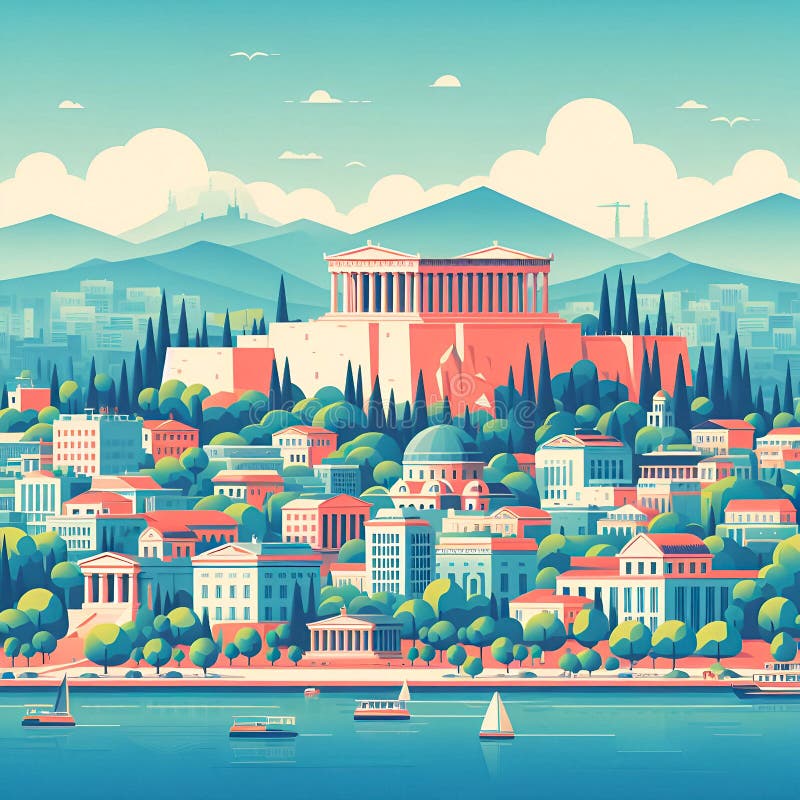 Athens Flat Vector City Illustration Stock Illustration - Illustration ...