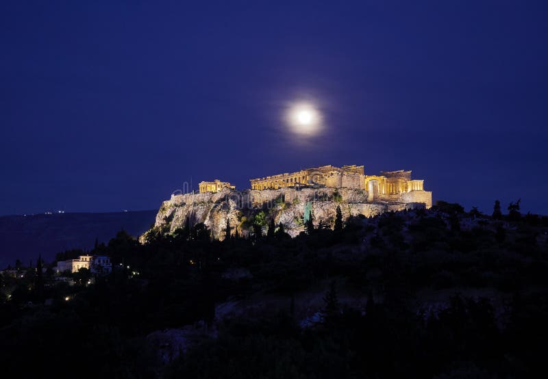 Athens Greece, Acropolis Under Full Moon Stock Image - Image of night ...