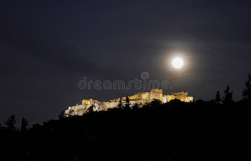 Athens Greece, Acropolis Under Full Moon Stock Image - Image of ...