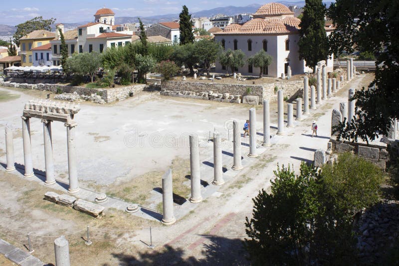 Hadrian Library Site Ruins in Athens through Modern Houses Stock Photo ...