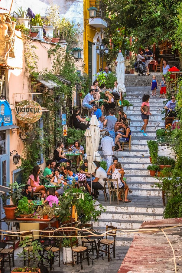 People Dining Outside on the Stairs in the Plaka District of Athens ...