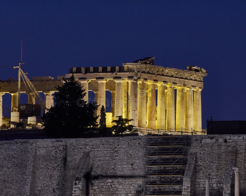Athens, Greece, Parthenon Temple Night View Stock Image - Image of ...
