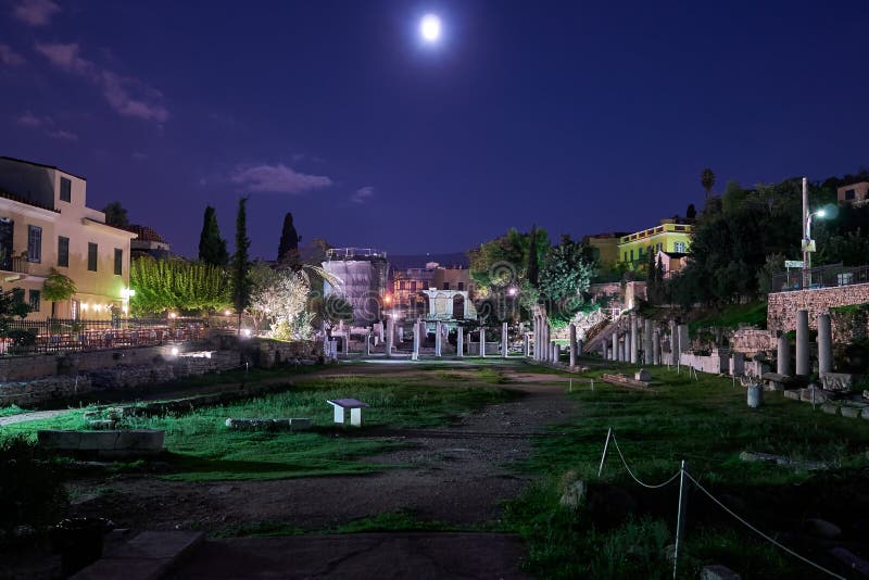 Athens Greece, the Roman Forum Under the Moonlight Stock Photo - Image ...