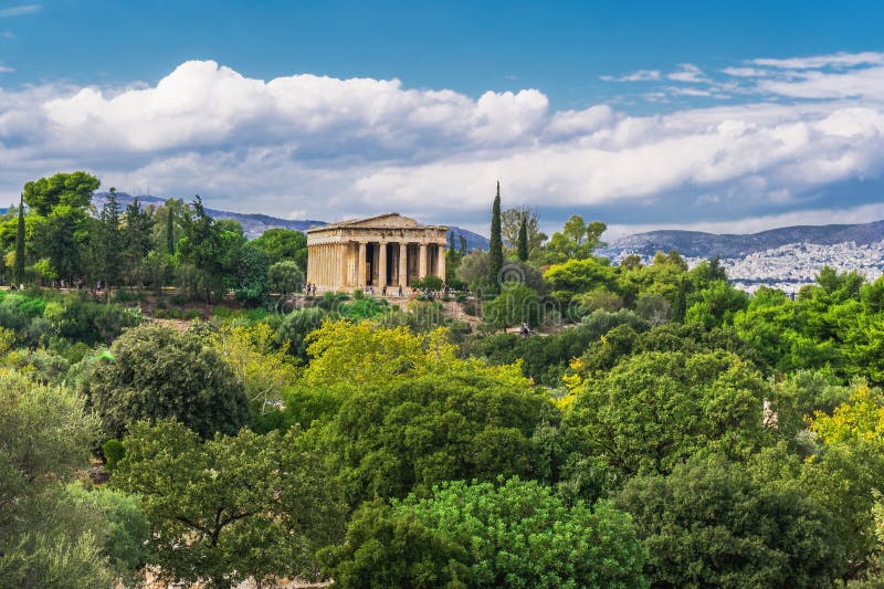 Athens Greece Temple of Hephaestus Day View Surrounded by Greenery on a ...