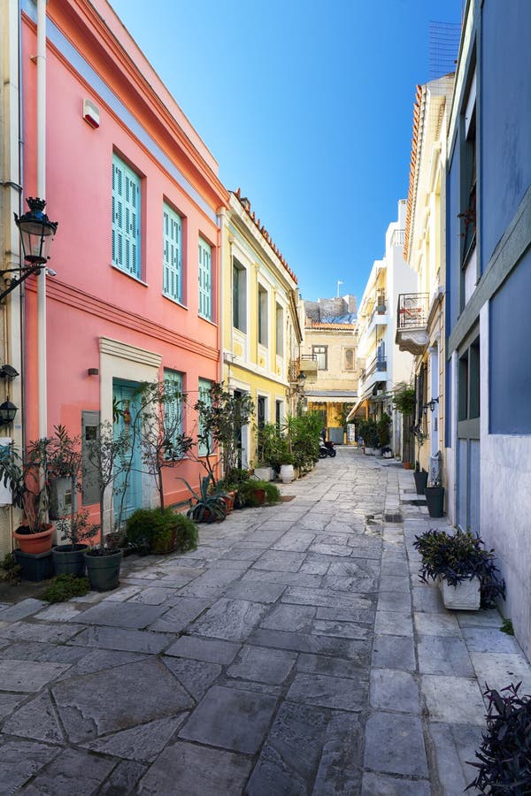 Athens - Nice Old Street with Acropolis View, Greece Stock Photo ...