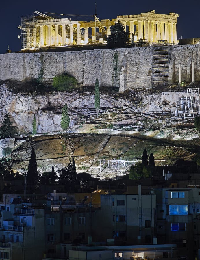 Athens, Night View of Parthenon Temple on Acropolis Stock Photo - Image ...