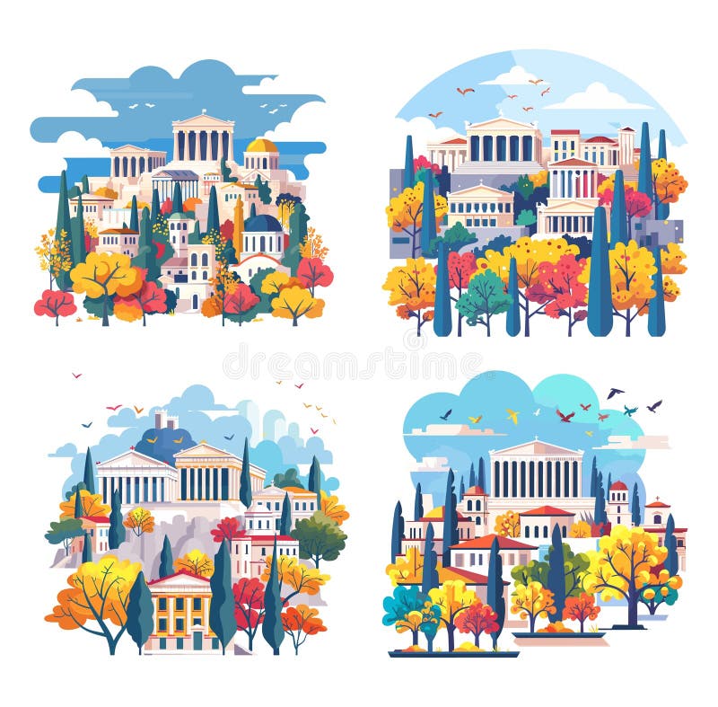 Athens Panoramic Horizons Flat Cartoon Style Vector Set. Ancient Greek ...