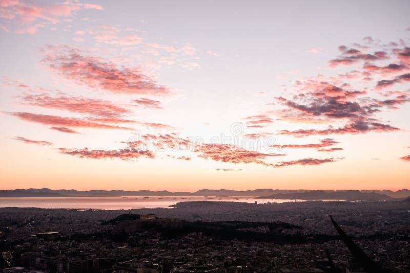 Athens View from the Mountain, Sunset Stock Image - Image of panorama ...