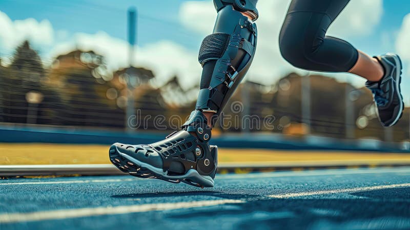 Athlete with Advanced Prosthetic Leg Sprinting on a Blue Track. Stock ...
