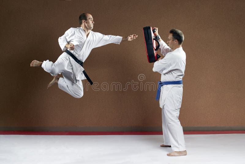 An Athlete with a Blue Belt Holds a Simulator on Which To Strike ...