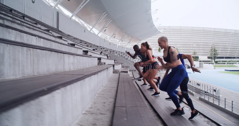Athlete, Group and Running on Stairs at Stadium for Competition ...