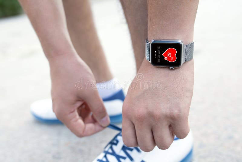 Athlete Hand with Watch and App Health on the Screen Stock Photo ...