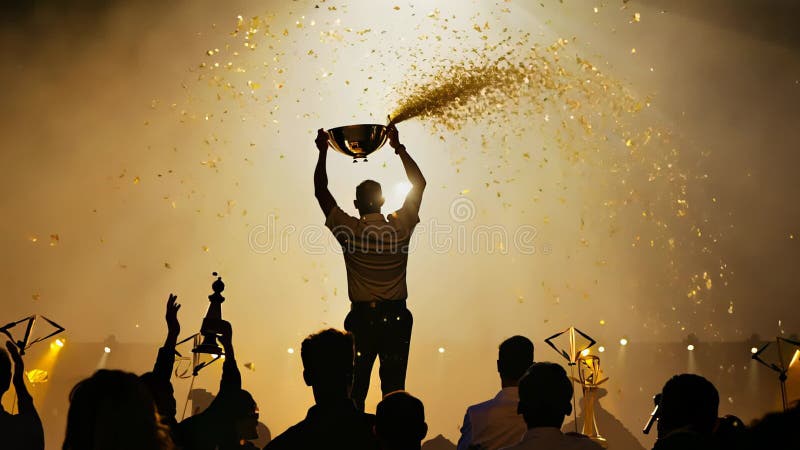 Athlete Lifting a Trophy in Celebration with a Cheering Crowd at Sunset ...
