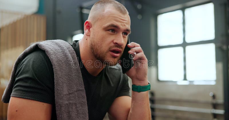 Athlete, Man and Phone Call in Gym for Communication with Smile, Relax ...