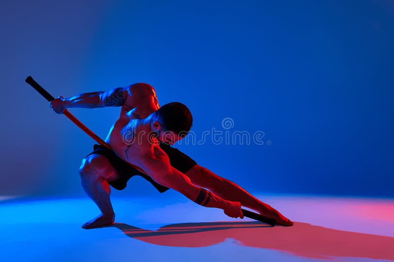 Athlete Men Silhouette with Stick Training Karate Using Sports Tool in ...