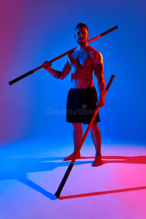 Athlete Men Silhouette with Stick Training Karate Using Sports Tool in ...
