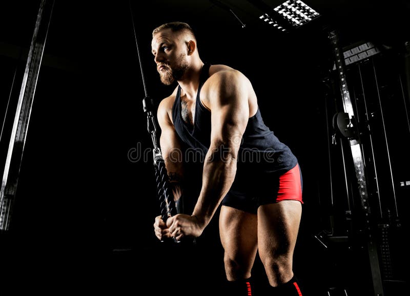 The Athlete Performs an Exercise on the Triceps on a Special Dev Stock ...