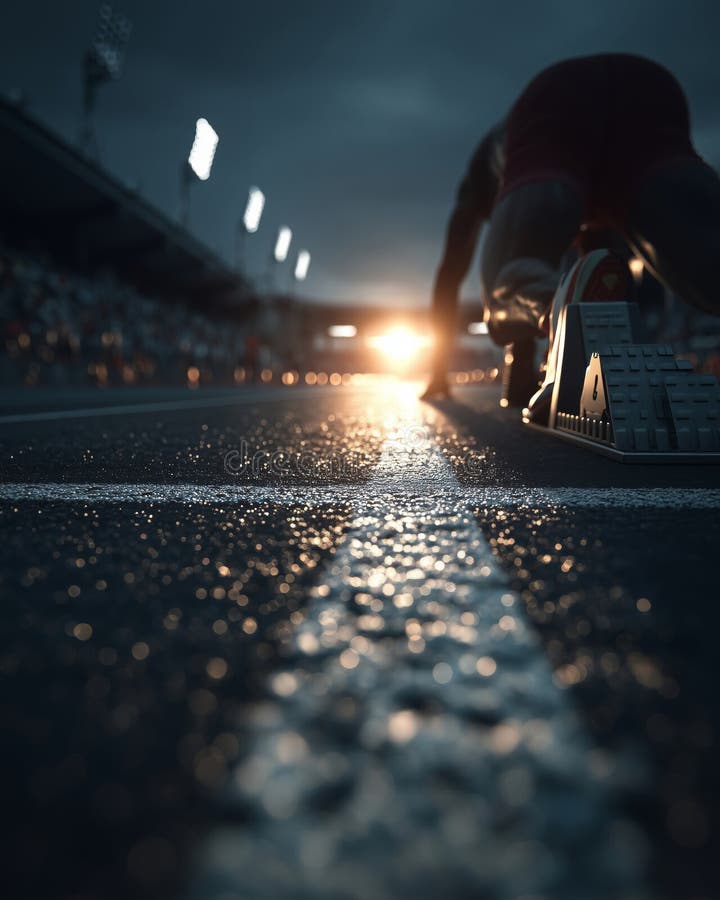 Athlete Prepares for an Explosive Sprint at Dawn in a Competitive ...