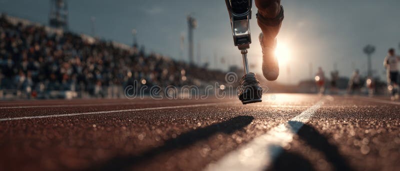 Athlete with Prosthetic Leg Running on Track during Competition with ...