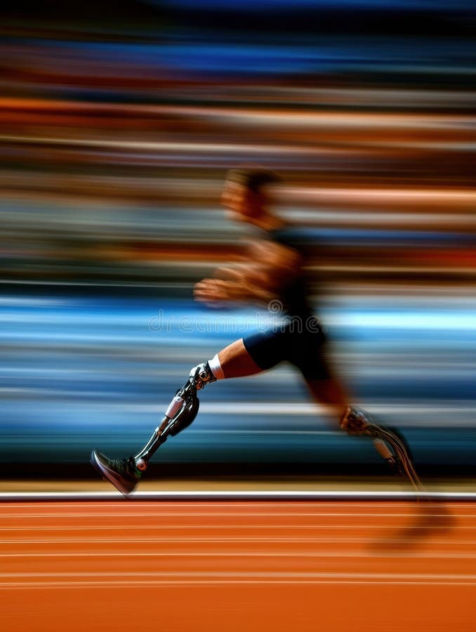 An Athlete with a Prosthetic Leg Runs Swiftly on a Track, Showcasing ...