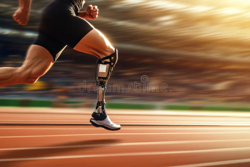 An Athlete with a Prosthetic Leg is Sprinting on a Track, Displaying ...