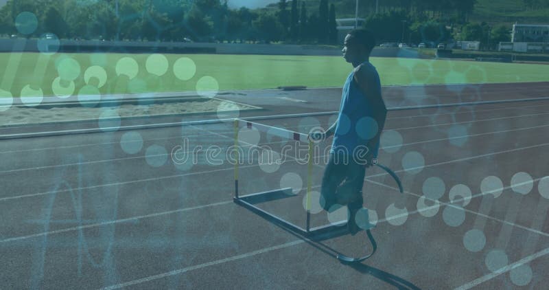Athlete with Prosthetic Leg on Track with Data Processing Image Over ...