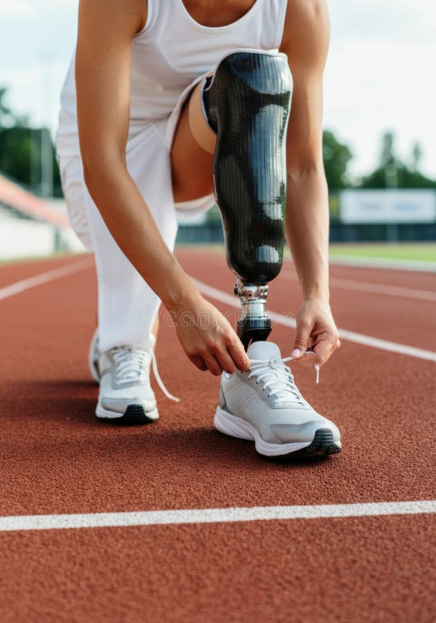 Athlete with Prosthetic Leg Tying Shoelaces on Running Track Ready for ...