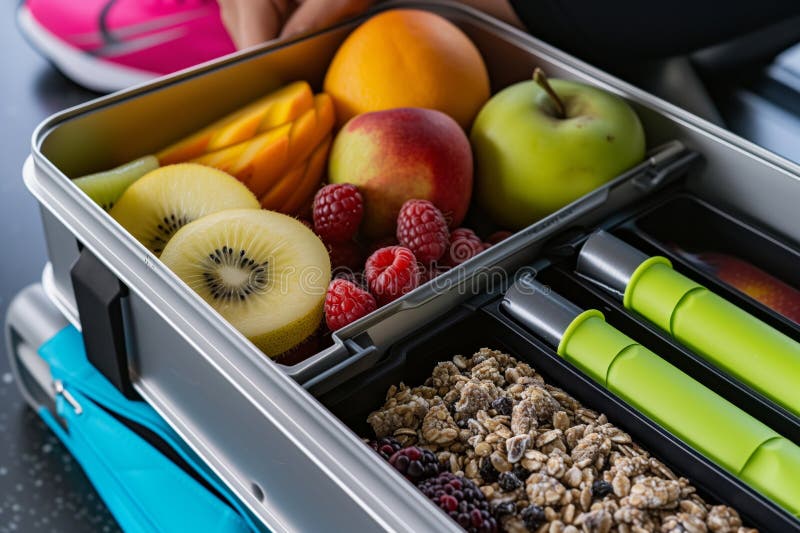 Athlete with a Protein Bar and Fruits in a Lunchbox Stock Photo - Image ...