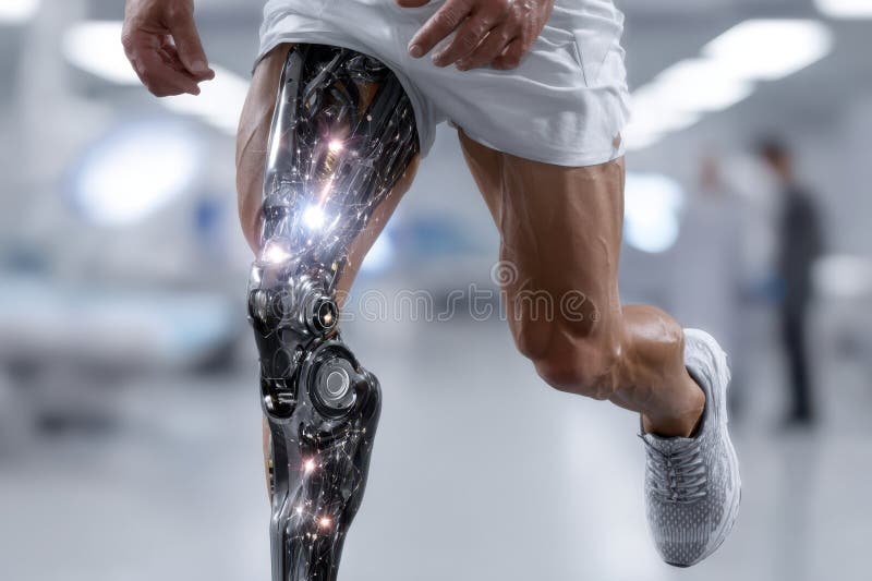 Athlete with Robotic Leg Sprinting in a Futuristic Training Facility ...