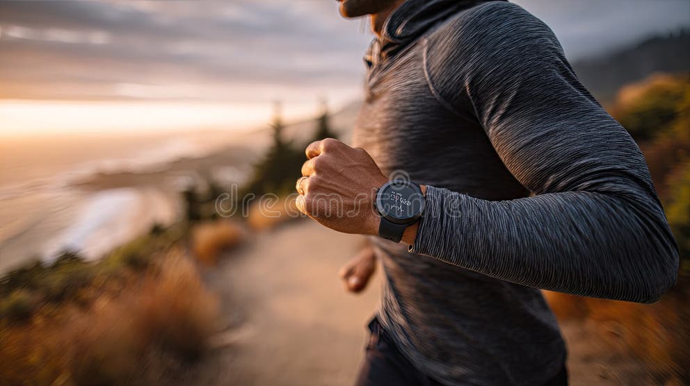 Athlete Running on Coastal Path at Sunset Checking Smartwatch Data ...