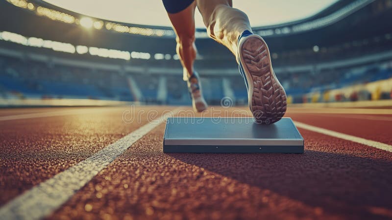 Athlete Sprints Down a Track in a Stadium during Sunset, Showcasing ...