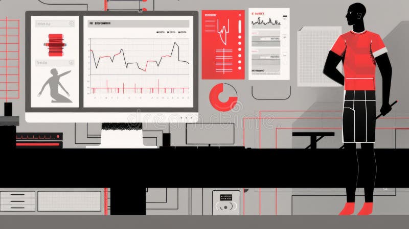 Athlete Stands in a Training Facility, Observed by a Computer Screen ...