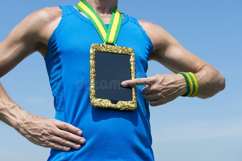 Athlete Using Gold Medal Tablet Computer Stock Photo - Image of health ...