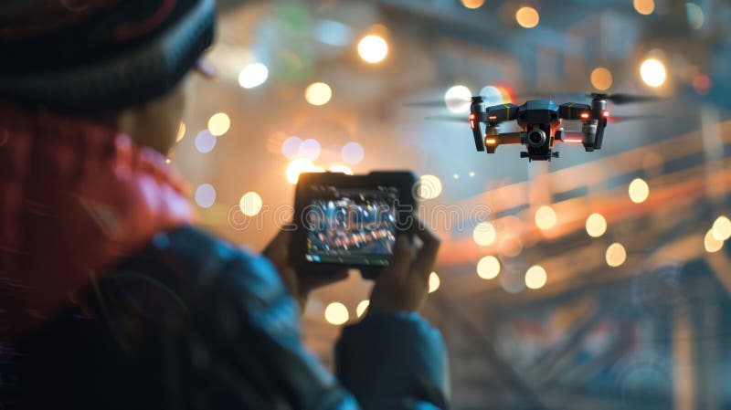 An Athlete Using a Handheld Device To Control a Drone Flying Above Them ...