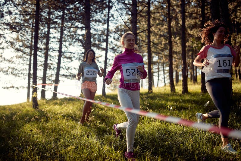 Athletes Run the Marathon through the Forest. Nature, Marathon ...