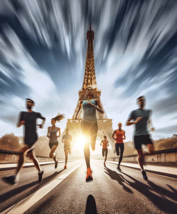 Athletes Running Competition, Eiffel Tower in Background ,motion Blur ...
