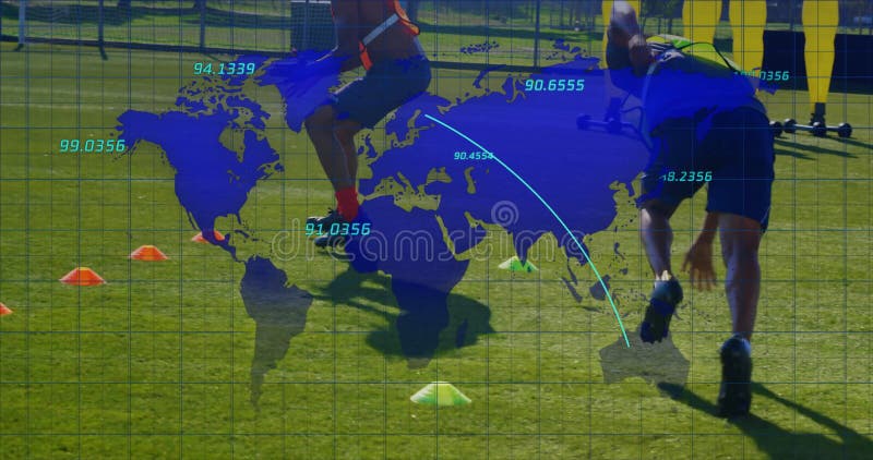 Athletes Training on Field with Global Map and Data Overlay Animation ...