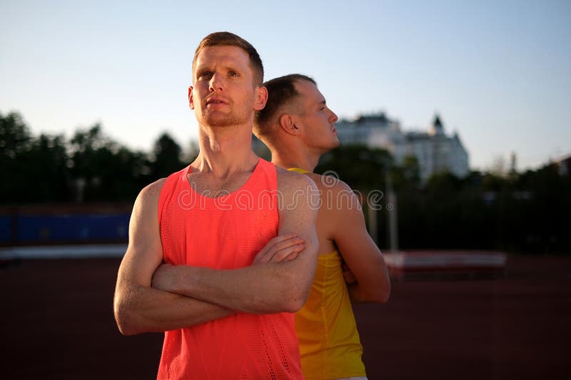 Portrait of Two Athletes Runners after the Competition Stock Photo ...