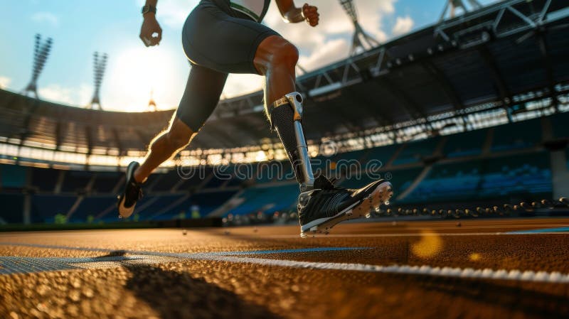 Athletic Amputee Man Running with Prosthetic Leg in Stadium Under ...