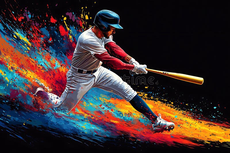 Athletic Baseball Player MidSwing with Colorful Paint Splatter on Dark ...